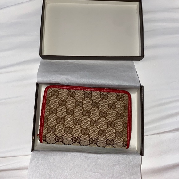 Gucci | Bags | Gucci Trifold Monogram Red Leather Wallet | Poshmark